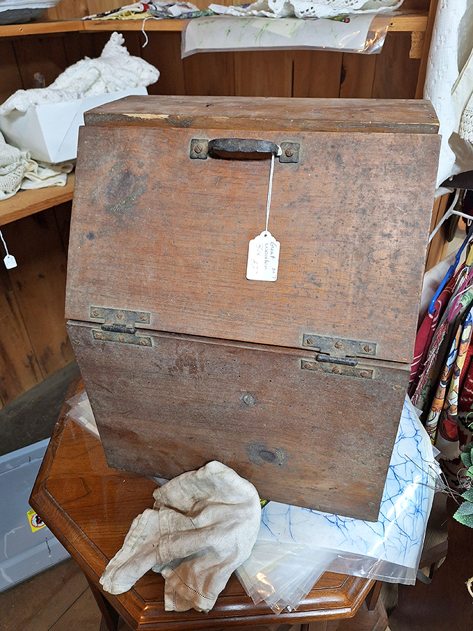 This rugged antique wooden box holds stories of Vermont's past! Come hunt for your next unique rustic find today.