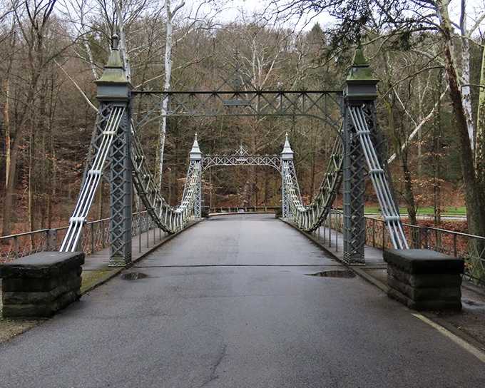 Winter's elegant transformation turns the bridge into a monochromatic masterpiece, with bare trees framing its distinctive silhouette.