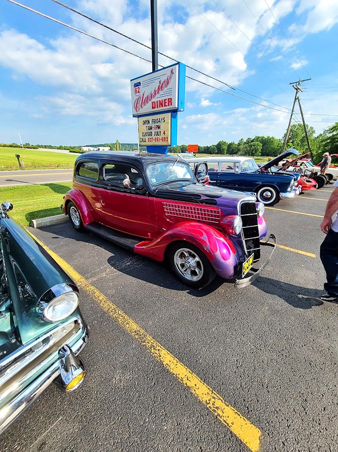 Hot rods and cool eats! These vintage beauties parked outside are just appetizers for the feast of Americana waiting inside 62 Classics'.