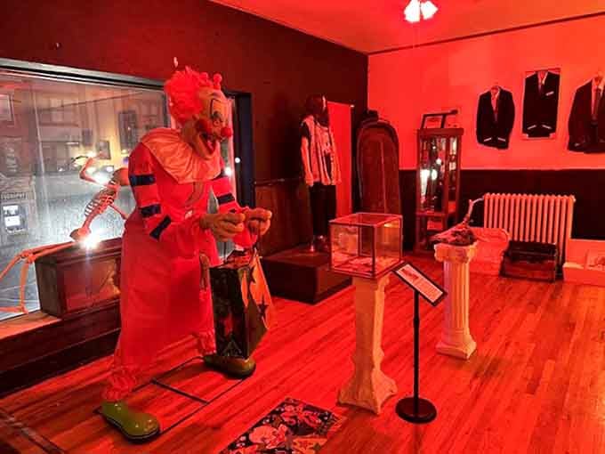 This fiery-haired clown figure reminds visitors why coulrophobia remains one of our most persistent fears. Sweet dreams!