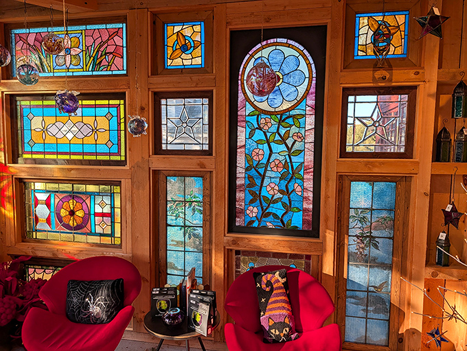 These aren't just chairs; they're front-row seats to a stained glass symphony. The windows transform sunlight into liquid color that dances across everything it touches.