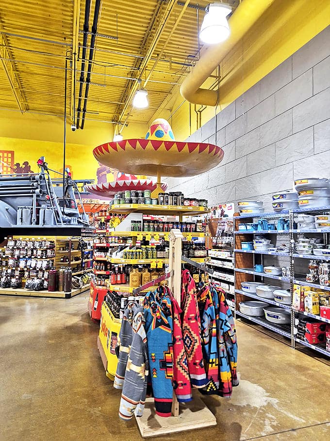 A giant sombrero hovers above international foods like a UFO of flavor, ready to beam up unsuspecting shoppers into taste bud paradise.