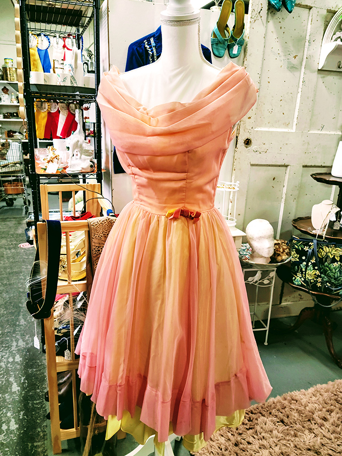 This salmon pink chiffon dress from the 1950s waits patiently for its next dance, its delicate fabric holding decades of twirls and teenage dreams.
