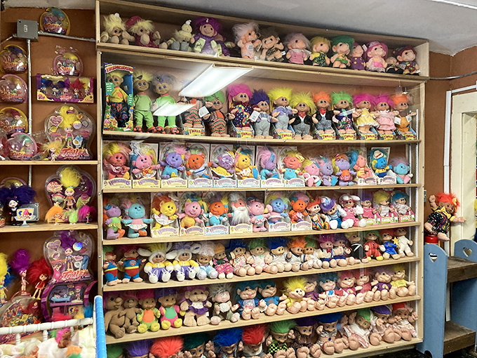 Rows upon rows of vintage troll dolls stand at attention, their jewel-bellied, wild-haired charm multiplied to dizzying effect.