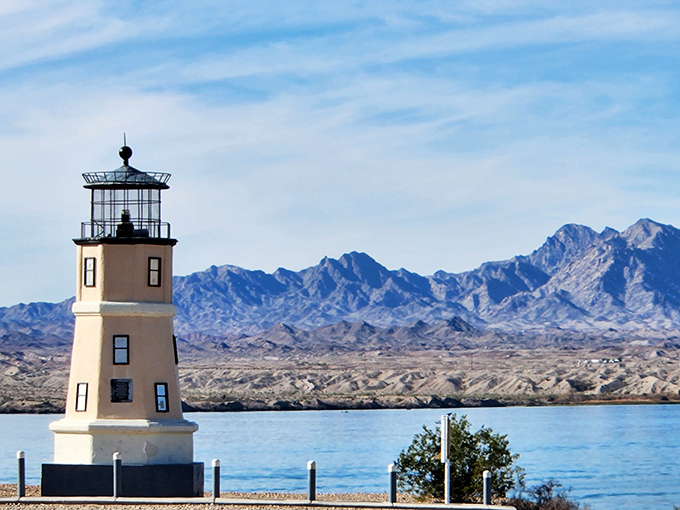 A lighthouse in the desert? Lake Havasu's charming navigational beacons stand guard like misplaced maritime sentinels.
