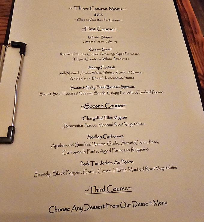 The three-course menu reads like poetry for food lovers, with each carefully crafted option promising a memorable culinary journey.