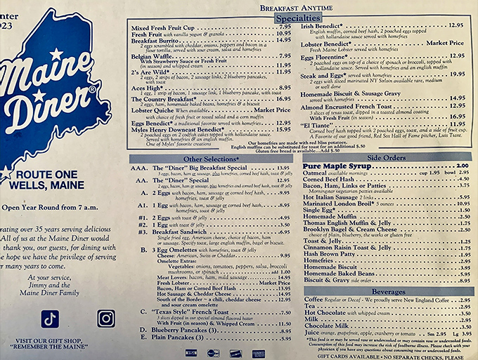 The menu reads like a love letter to New England cuisine, with "Breakfast Anytime" promising morning magic whenever the craving strikes.