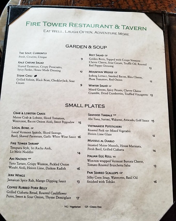 The menu reads like a love letter to Vermont cuisine, balancing comfort classics with creative culinary adventures for every palate.