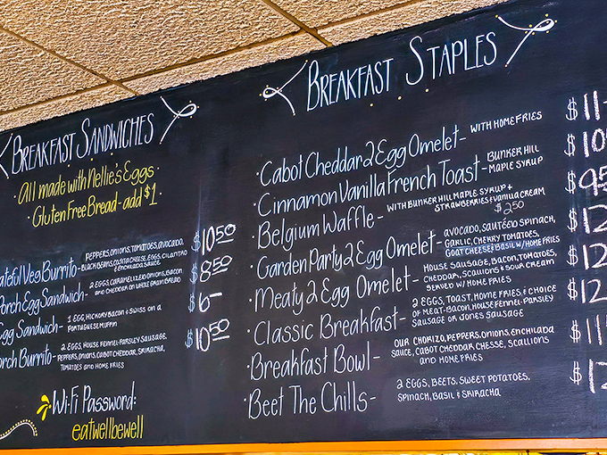 The chalkboard menu reads like breakfast poetry – each item promising a different morning adventure for your taste buds.