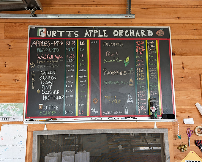 The chalkboard menu at Burtt's tells a delicious story &ndash; from apple varieties to donuts and cider, each offering a taste of Vermont's fall harvest.
