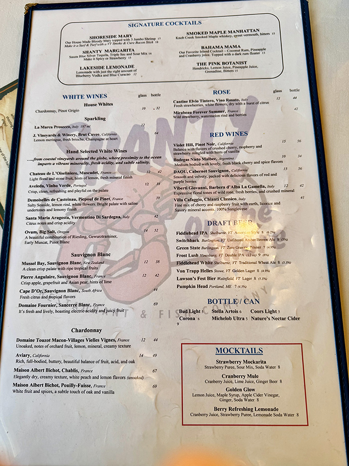 The drink menu showcases signature cocktails like the Shoreside Mary and Smoked Maple Manhattan alongside an impressive selection of wines perfectly paired with seafood delights.