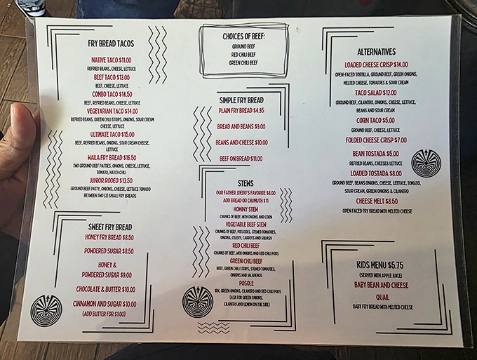 The straightforward menu offers a variety of ways to enjoy their signature fry bread, from savory tacos to sweet treats.