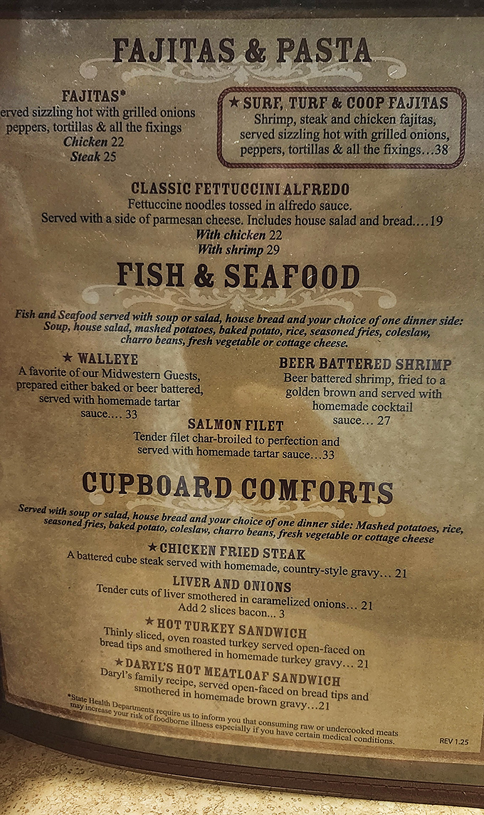 The menu reveals treasures beyond the famous prime rib &ndash; from "Surf, Turf & Coop Fajitas" to comfort classics that grandmother would approve.