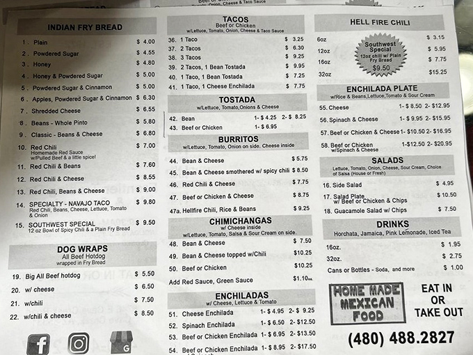 The menu board reveals a treasure trove of Southwestern delights, from the famous Navajo tacos to sweet fry bread treats that'll make your taste buds dance.