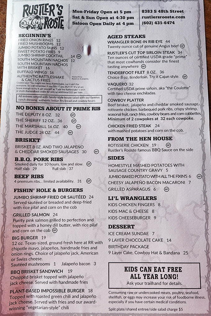 The menu reads like a cowboy's dream – from rattlesnake appetizers to massive steaks with names like "The Judge" and "The Marshal."