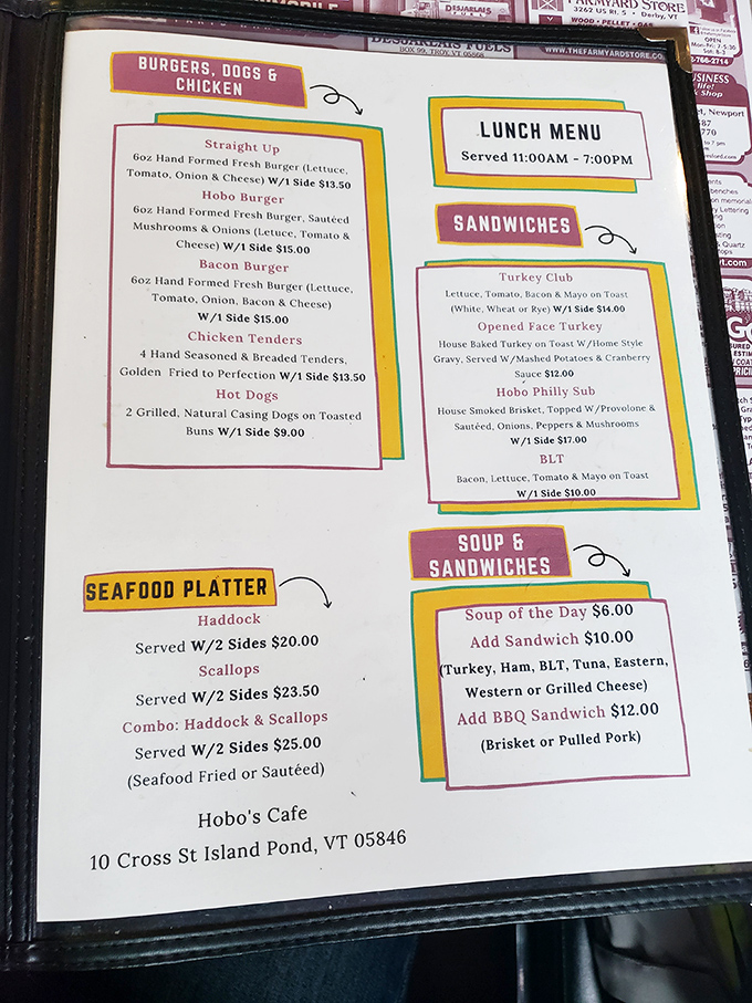 The menu reads like a love letter to comfort food classics &ndash; burgers, seafood, and sandwiches that don't need fancy descriptions.