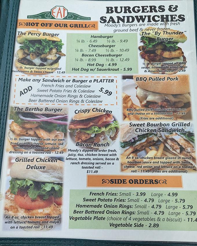 The menu showcases hearty burgers made with fresh ground beef, including specialties like the Percy Burger with mushrooms and Swiss.