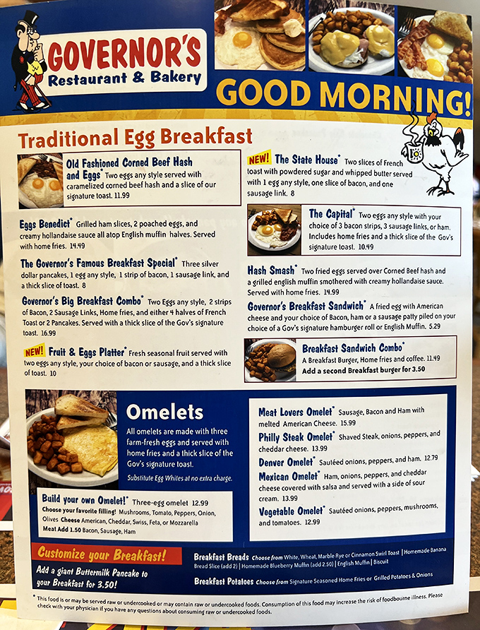Breakfast heaven awaits with options from classic eggs to the famous "Governor's Breakfast Special" that could fuel a lumberjack all day.