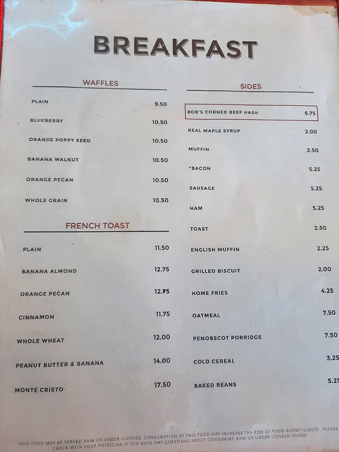 Breakfast dreams come true: The A1's menu showcases Maine morning classics from fluffy waffles to their famous French toast variations.