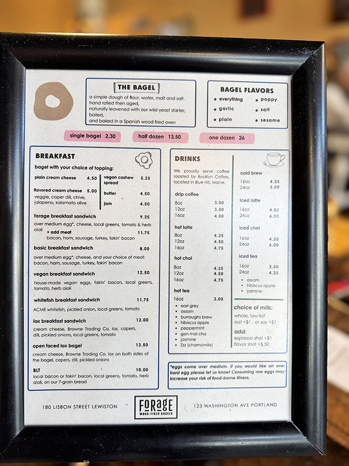 The menu board reveals a bagel lover's paradise &ndash; simple ingredients transformed through traditional methods into extraordinary breakfast foundations.