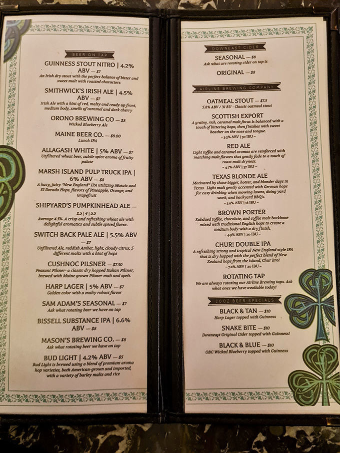 The drink menu showcases both Irish classics and local Maine craft beers &ndash; a perfect marriage of tradition and local flavor. 