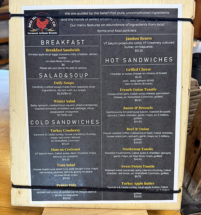 The menu board showcases a tempting array of sandwiches crafted with care and local Vermont ingredients.