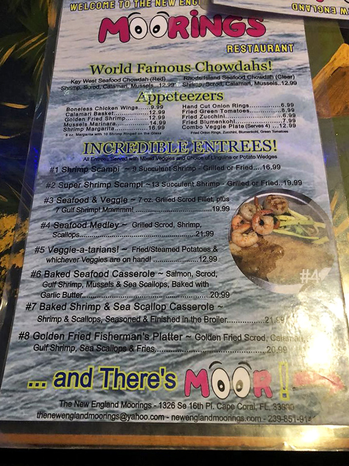 The menu promises "World Famous Chowdahs" and "Incredible Entrees" &ndash; understated descriptions for what's about to happen to your taste buds.