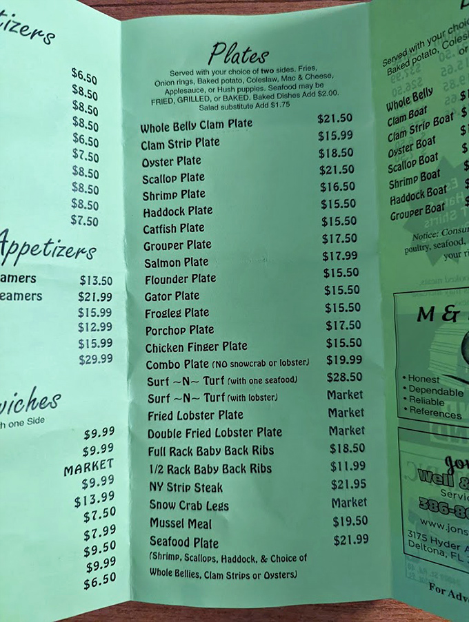 The menu reads like a love letter to seafood lovers &ndash; from whole belly clams to gator, with that famous Boston Cream Pie hiding among the offerings.