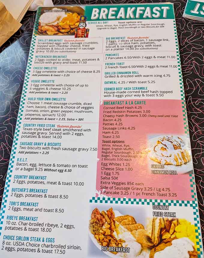 This menu offers everything from breakfast classics to legendary prime rib, all served with generous portions and reasonable prices.