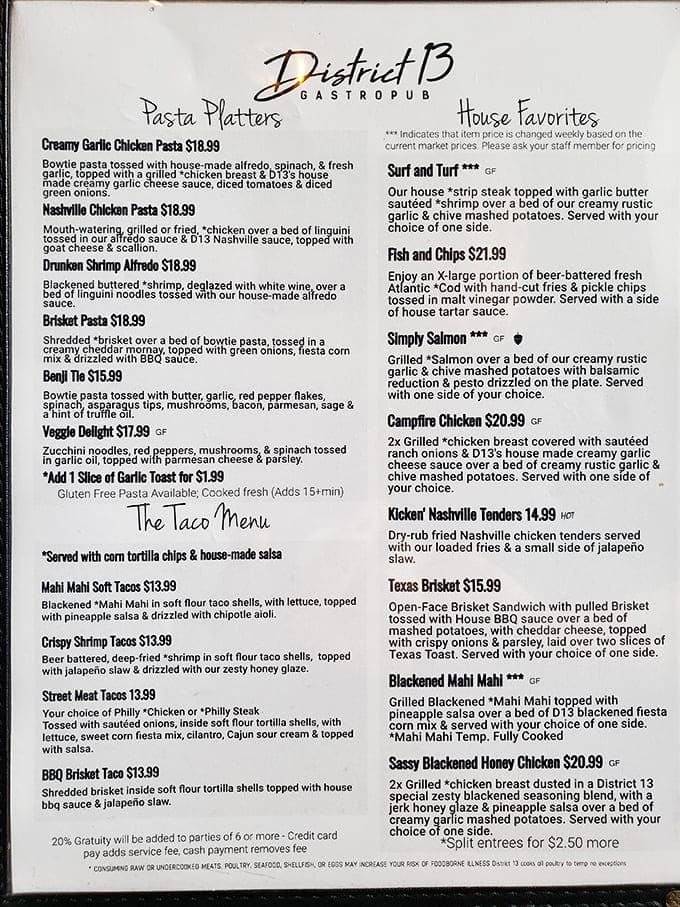 The menu showcases comfort classics with gourmet twists &ndash; pasta platters, creative tacos, and house favorites that elevate pub fare to memorable heights.