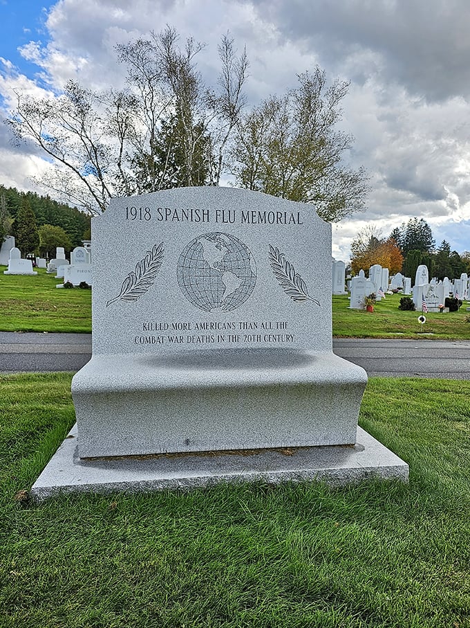 The 1918 Spanish Flu memorial stands as a somber reminder of a pandemic that claimed more American lives than 20th-century combat deaths.