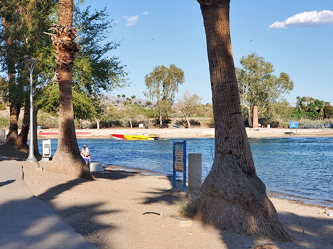 Palm trees stand sentinel along the shore, their fronds whispering secrets of this unexpected desert oasis.