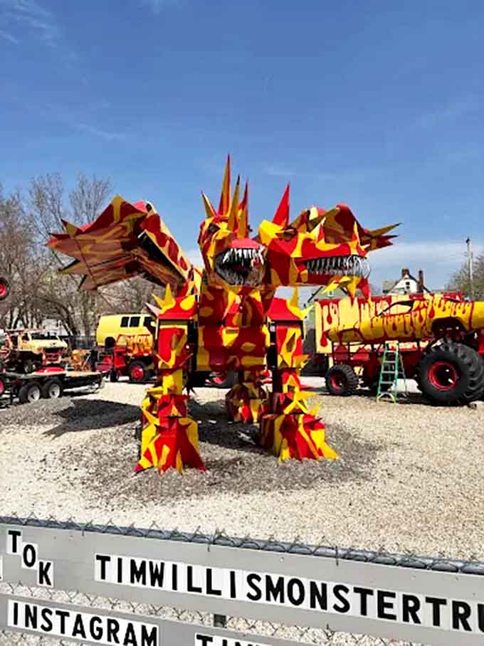 The two-headed dragon commands attention with its fiery red and yellow armor, metal teeth gleaming menacingly in the Ohio sunshine.