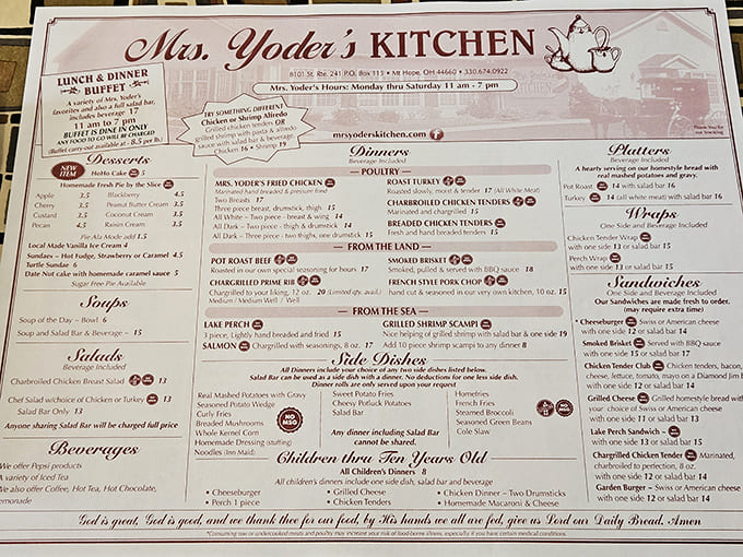 A menu that reads like a love letter to Midwestern comfort food, with Amish country specialties stealing the spotlight.
