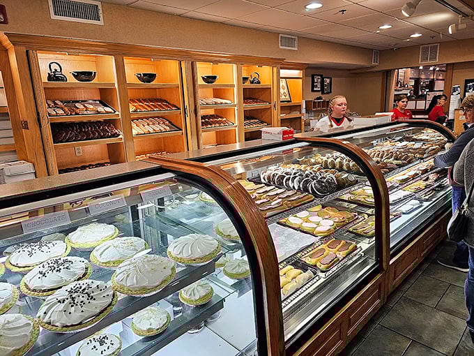 Pies, pies, and more pies! The dessert case at Der Dutchman is like a sugary art gallery - each slice a masterpiece of flavor.