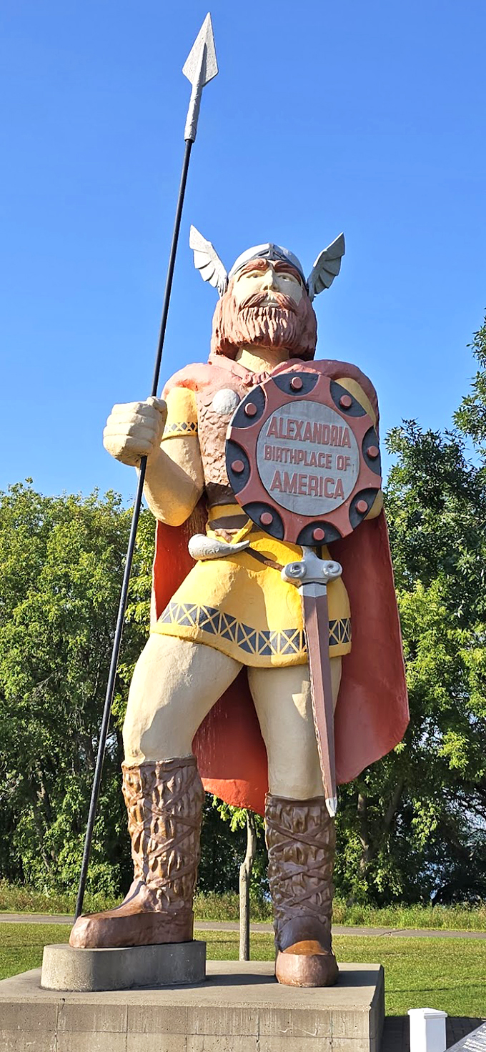 Skol! Big Ole's standing tall, shield in hand, ready to defend Alexandria from invading tour buses.