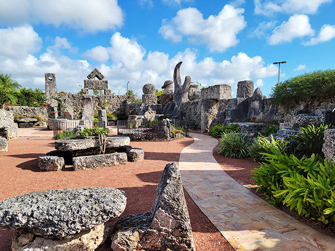 The mysterious Coral Castle features massive stone structures that seem impossible for one man to have built alone, creating an enigmatic Florida landmark.