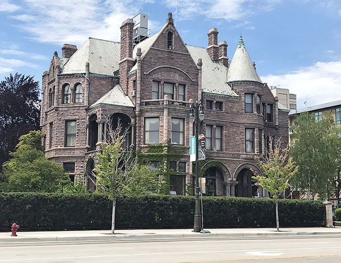 Intricate stonework and a distinctive tower make The Whitney stand out as one of Detroit's most impressive historic buildings.