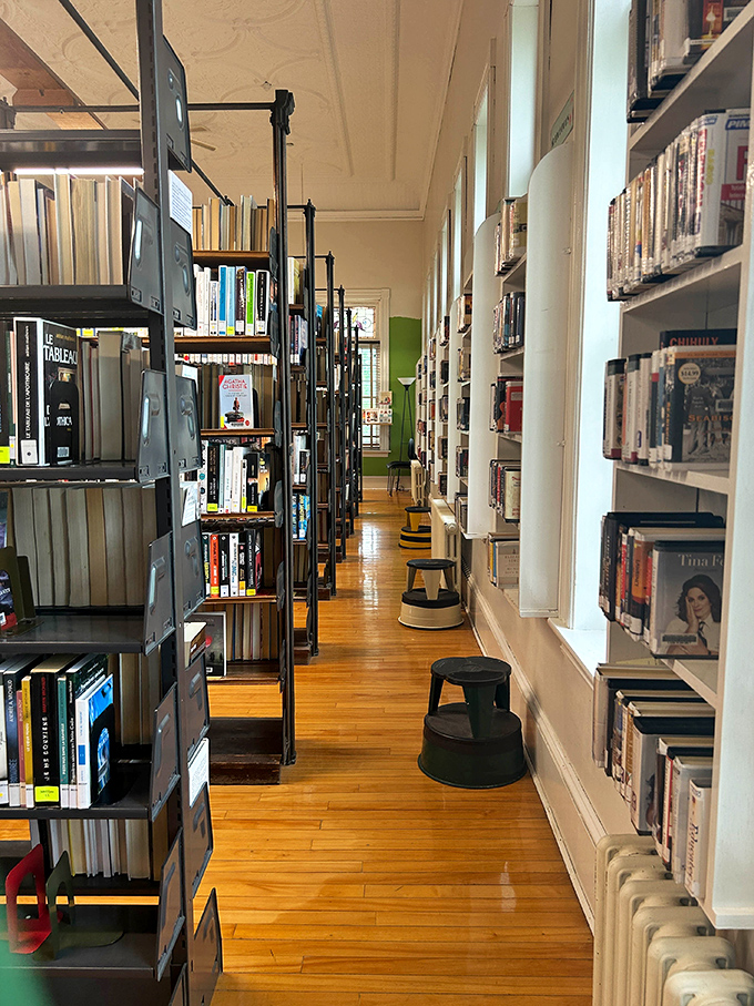 Sunlight streams through tall windows, illuminating rows of knowledge where bibliophiles can browse between countries without ever showing a passport.
