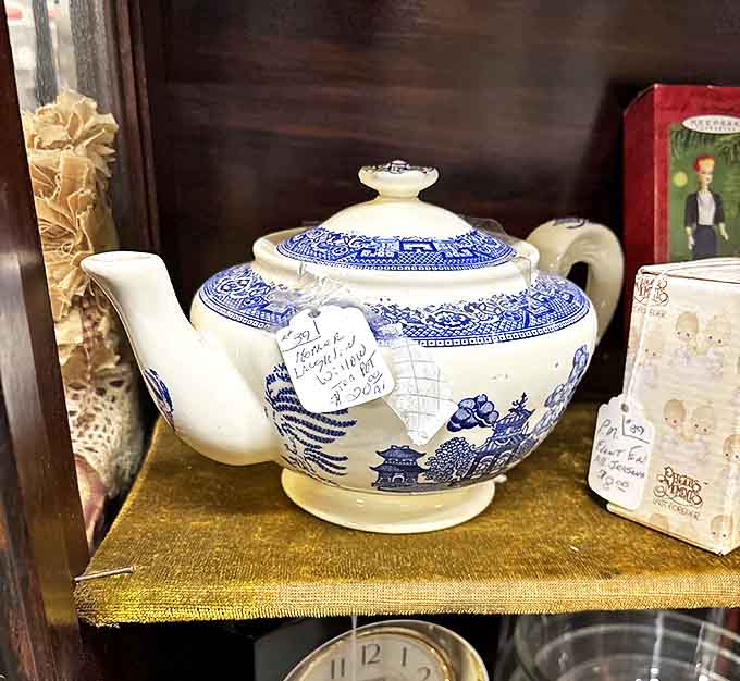 This delicate blue and white teapot whispers stories of afternoon gatherings and proper pouring techniques from an era when teatime was sacred.
