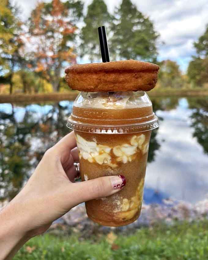 The "Hannah Donut" experience &ndash; a warm cider donut crowning a cup of cold brew, creating a sweet contradiction that somehow makes perfect sense.