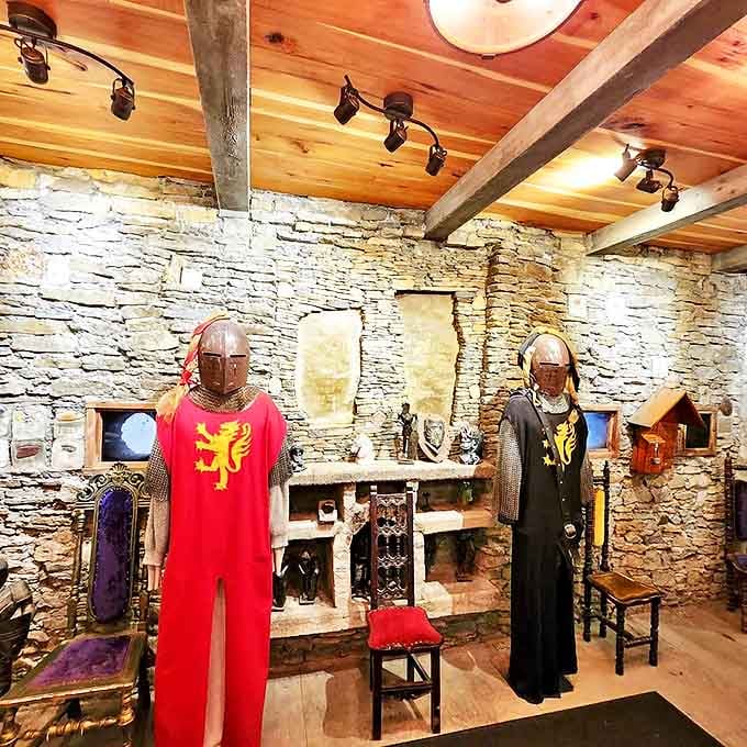 Knights standing eternal guard &ndash; these armored sentinels sport heraldic designs that would make any medieval fashion consultant proud.