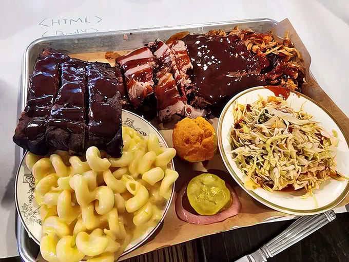 Barbecue platter: The holy trinity of barbecue &ndash; ribs, brisket, and pulled pork &ndash; accompanied by mac and cheese that could make a grandmother jealous.