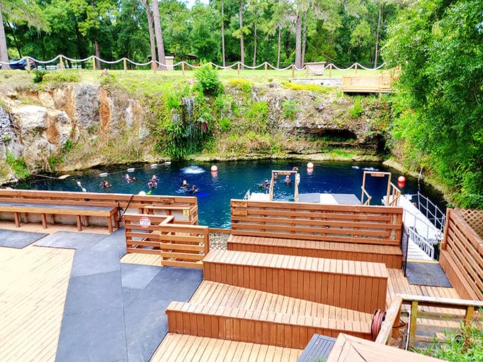 Wooden decks and benches surround the sapphire waters, offering perfect vantage points for watching divers or contemplating your own plunge.