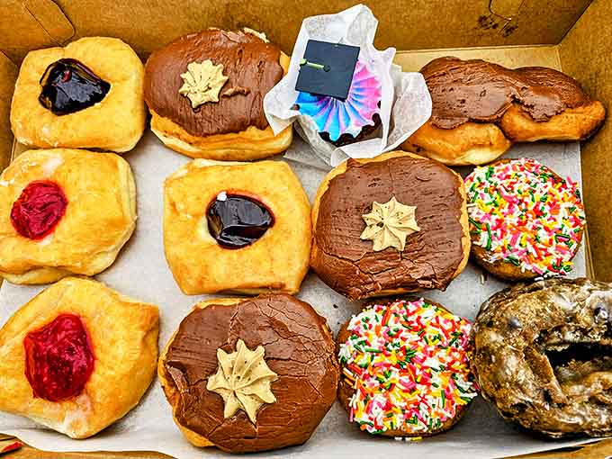 A box of Schuler's donuts sits like buried treasure, each one a perfect circle of joy waiting to be discovered.