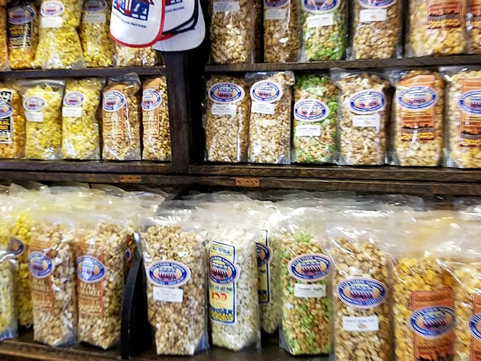 Rows of bagged popcorn stacked like edible treasure, each one a different adventure waiting to happen in your mouth.