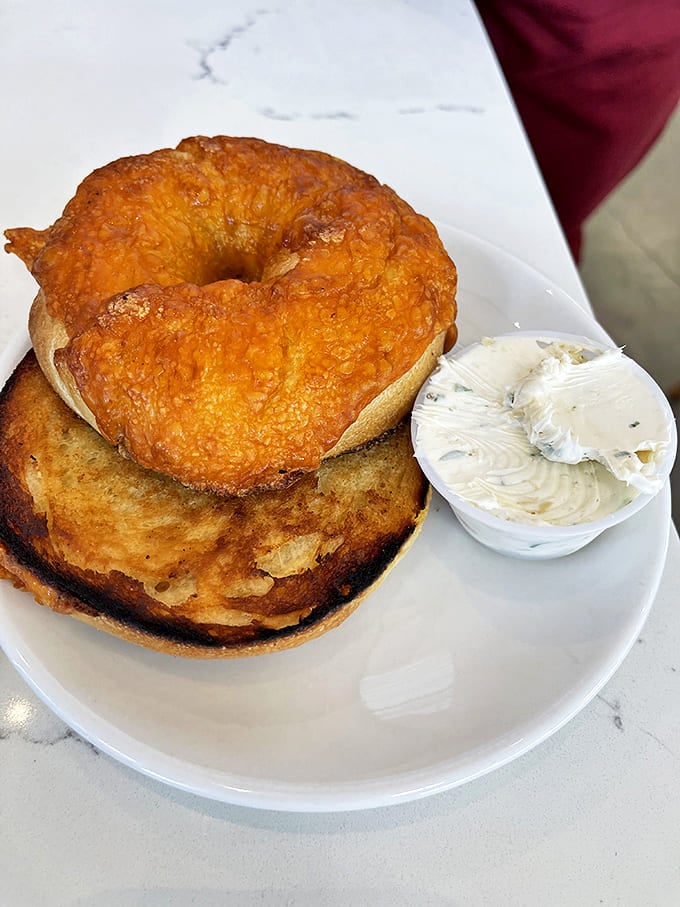 That golden-brown cheddar bagel isn't just breakfast&mdash;it's an edible hug. The schmear alongside looks like it could solve most of life's problems.