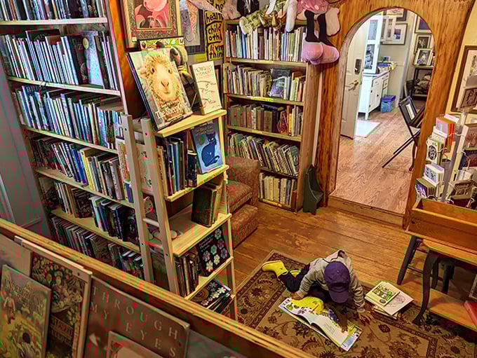 A young explorer discovers the magic of stories, sprawled comfortably on the floor &ndash; childhood's natural reading position when the world disappears.