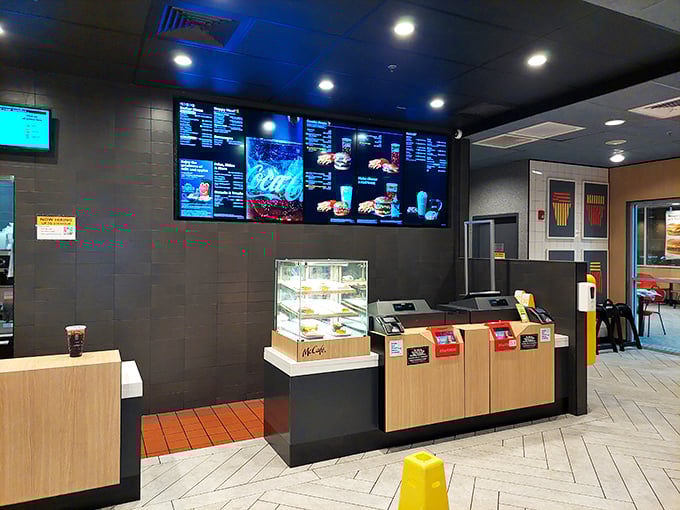 The counter area makes concessions to McDonald's branding while the building maintains its historical dignity.