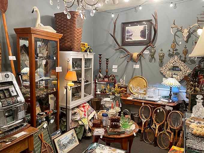 Antlers and vintage finds create an eclectic mix that somehow works perfectly together, like a dinner party where all the guests get along.